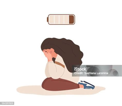 정서적 소진 바닥에 앉아 울고 낮은 배터리와 슬픈 십대 정신 건강 문제 마감일 스트레스 및 피로 개념 플랫 만화 스타일의 벡터