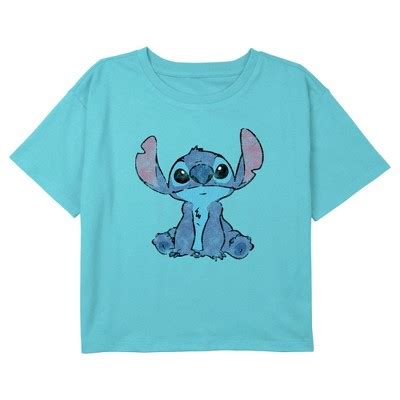 Girls Lilo And Stitch Faded Sketch Stitch Crop T Shirt Blue X Large