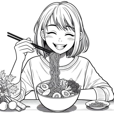 Girl Eating Asian Noodles 🍜👧 Coloring Page