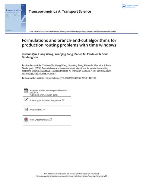 Pdf Formulations And Branch And Cut Algorithms For Production Routing Problems With Time Windows
