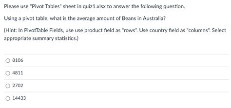 Solved Please Use Pivot Tables Sheet In Quiz1xlsx To