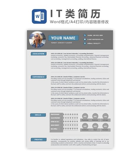 办公模版下载工具 初级it工程师英文求职简历word模板下载 Flash中心