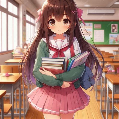Brown Haired Anime School Girl In Classroom With Books Premium Ai