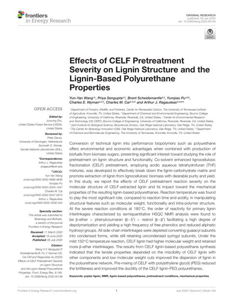 Pdf Effects Of Celf Pretreatment Severity On Lignin Structure And The