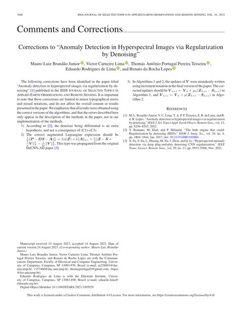Pdf Corrections To Anomaly Detection In Hyperspectral Images Via
