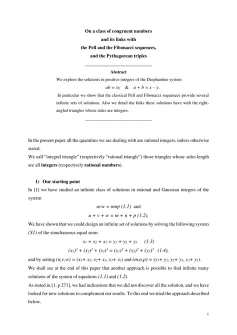 Pdf On A Class Of Congruent Numbers And Its Links With The Pell And The Fibonacci Sequences