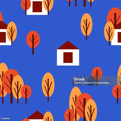 가을 나무와 화이트 컨트리 하우스와 원활한 패턴 빨간색과 주황색 파란색 배경입니다 만화 플랫 스타일 정원 이나 숲 엽서 벽지 직물 스크랩북 및 포장지 0명에 대한 스톡 벡터