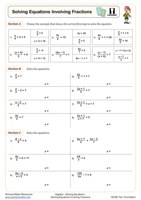Solving Equations Involving Fractions Worksheet Fun And Engaging Year 8 And Year 9 Algebra