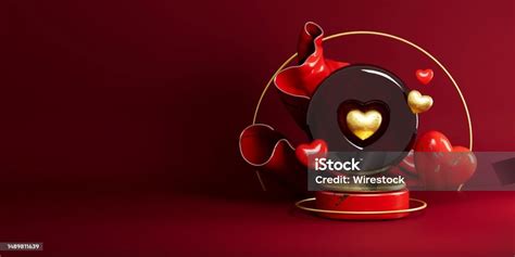 빨간색의 3d 렌더링 배너입니다 마음이 있는 무대 연단 복사 공간 사랑 휴일 개념 디자인 3차원 형태에 대한 스톡 사진 및 기타 이미지 Istock