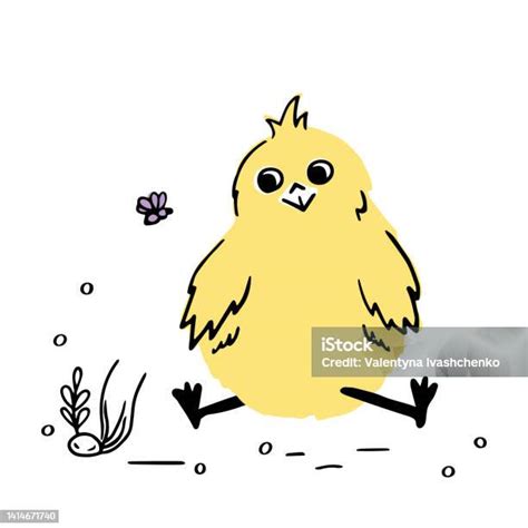 나비 벡터 일러스트레이션으로 춤추는 귀여운 노란색 병아리 엽서에 인쇄하기위한 어린이 인쇄 템플릿 어린이 방 및 보육원 장식 곤충에 대한 스톡 벡터 아트 및 기타 이미지