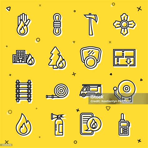 세트 라인 워키 토키 울리는 알람 벨 대피 계획 소방관 도끼 불타는 숲 나무 불타는 건물 화재 없음 및 방독면 아이콘 벡터 검은색에 대한 스톡 벡터 아트 및 기타 이미지