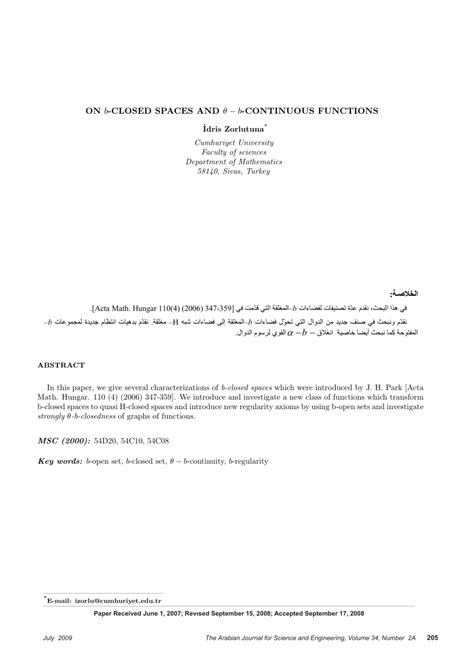 Pdf On B Closed Spaces And θ − B Continuous Functions