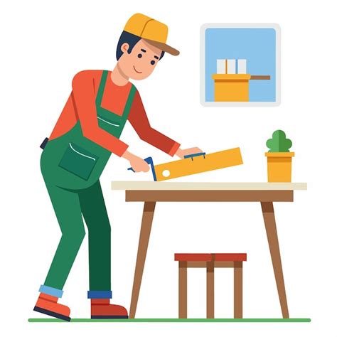 A Man Is Cutting A Piece Of Wood With A Yellow Container With A Plant In It Premium AI