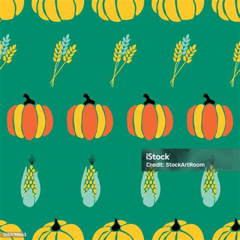 녹색 배경에 옥수수 식물 작물과 호박 원활한 반복 벡터 패턴 가을 수확 추수 감사절 포장지 직물 장식 카드 디지털 종이 스크랩 북 10월에 대한 스톡 벡터 아트 및 기타