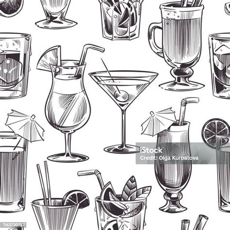 칵테일 이음새가 있는 패턴 손으로 그린 칵테일과 주류는 다른 와인 잔 바 메뉴와 함께 음료를 마십니다 벡터 텍스처 일러스트레이션 칵테일에 대한 스톡 벡터 아트 및 기타