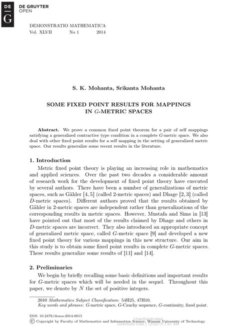 Pdf Some Fixed Point Results For Mappings In G Metric Spaces