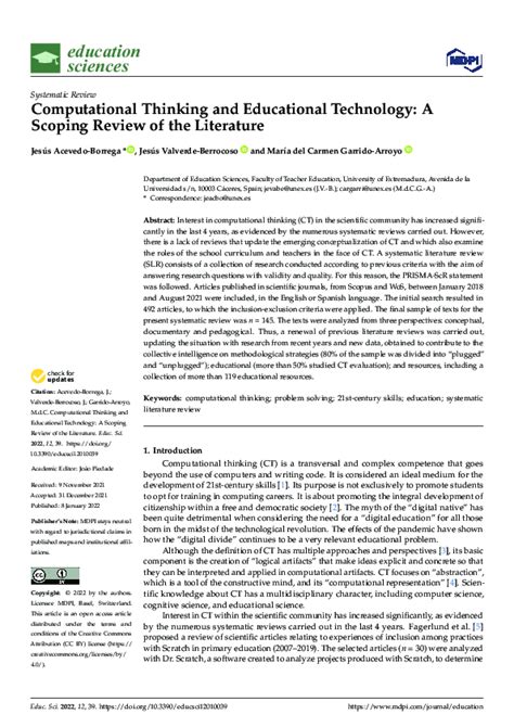 Pdf Computational Thinking And Educational Technology A Scoping Review Of The Literature