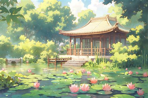 夏季荷花池与凉亭卡通漫画插画图片下载 正版图片402498574 摄图网