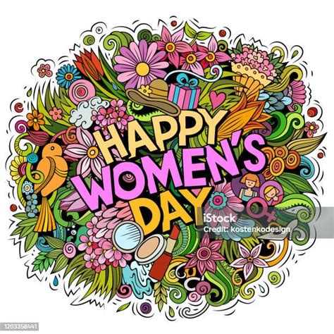 해피 우먼스 데이 핸드 그린 만화 낙서 그림입니다 재미있는 휴가 디자인입니다 0명에 대한 스톡 벡터 아트 및 기타 이미지 0