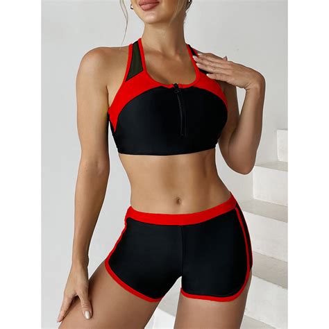 2024 Zipper Bikini Set Two Piece Swimsuit Women With Shorts Sports