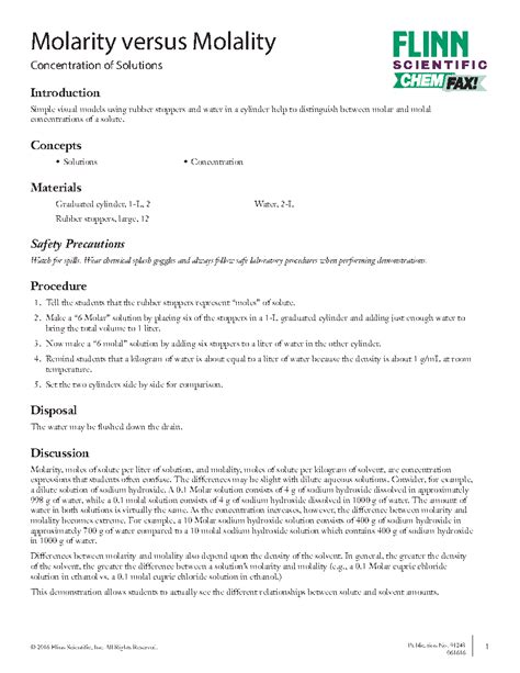 Molarity Versus Molality Flinn Scientific