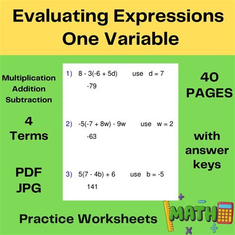 Evaluating Algebraic Expressions Worksheet One Variable Pre Algebra
