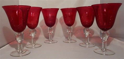 Ruby Red Bubble Glass Water Goblets Tea Glasses Clear Stem Hand Blown Set Of 6 1919277319