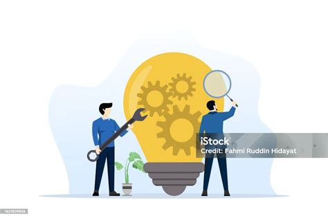 제품 개발 신제품 출시 개발 프로세스 관리 또는 생산성을 위한 연구 및 최적화의 개념 기어가 있는 전구 아이디어가 있는 돋보기를