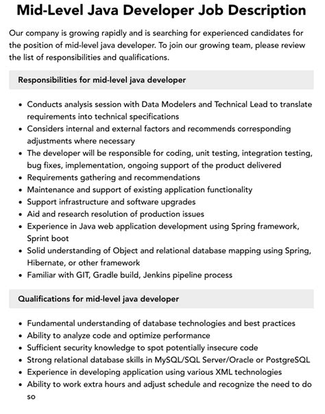 Mid Level Java Developer Job Description Velvet Jobs