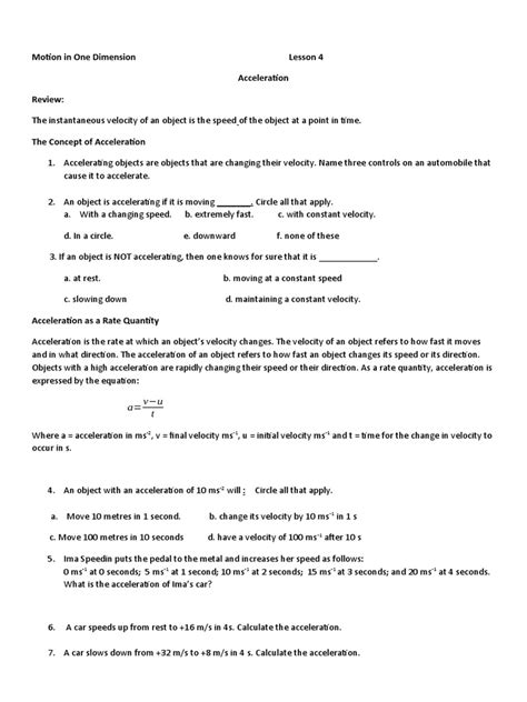 Acceleration Worksheet Pdf Acceleration Velocity
