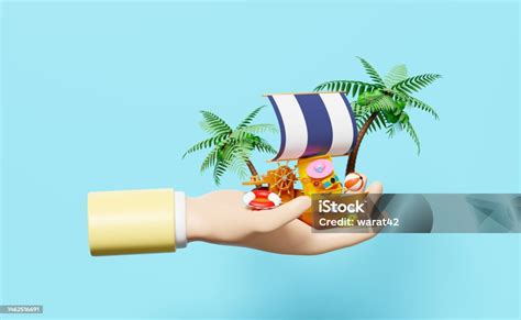 선미 바퀴 여행 가방 야자수 구명 부표 노란 오리 카메라 파란색 배경에 격리된 모자가 있는 범선을 들고 있는 손 여름 여행 개념 3d 그림 또는 3d 렌더링 3차원 형태에