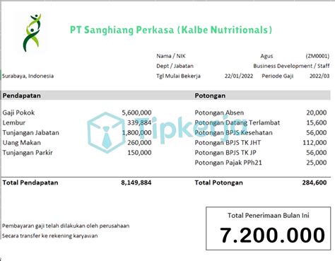 Daftar Gaji Dan Tunjangan Di PT Sanghiang Perkasa Kalbe Nutritionals Tahun Tip Kerja