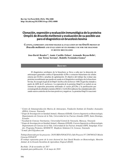 Pdf Cloning Expression And Immunological Evaluation Of The Omp31 Protein Of Brucella