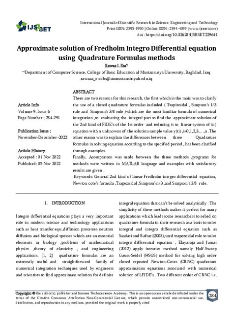 Pdf Approximate Solution Of Fredholm Integro Differential Equation Using Quadrature Formulas