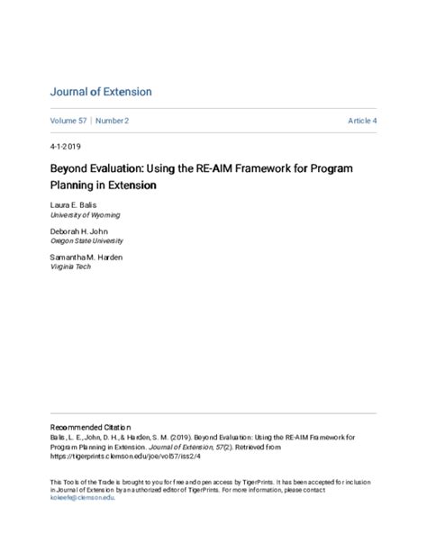Pdf Beyond Evaluation Using The Re Aim Framework For Program Planning In Extension