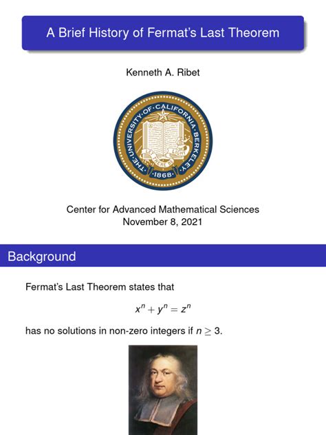 A Brief History Of Fermats Last Theorem Presentation Pdf Fermats