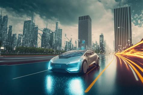 Fast Electric Car With Futuristic Autonomous Sensor Software Driving On Road Stock Illustration