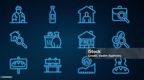 설정 라인 기부 음식 돈 검색 쉼터 노숙자 쓰레기통 집 노숙자 및 물병 아이콘 벡터 가방에 대한 스톡 벡터 아트 및 기타 이미지 Istock