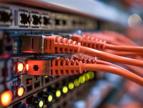 Close Up Of Network Cables Connected To Switch Internet And Technology Concept Stock