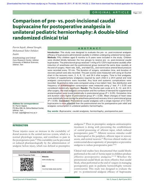Pdf Comparison Of Pre Vs Post Incisional Caudal Bupivacaine For Postoperative Analgesia In