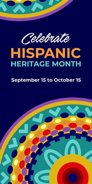 히스패닉 유산의 달 벡터 수직 웹 배너 포스터 소셜 미디어 카드 네트워크 국가 히스패닉 유산의 달 텍스트 꽃 무늬 파란색 배경에 Huichol 패턴으로 인사 National