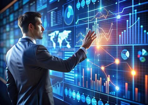 A Man In A Suit Is Standing In Front Of A Screen With Charts And Graphs Premium Ai Generated Image