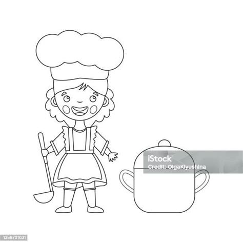 큰 냄비와 만화 소녀 요리사의 색칠 페이지 개요 에이프런과 셰프 모자를 쓰고 작은 요리사나 스컬리온 직업 아이들을위한 색칠 공부