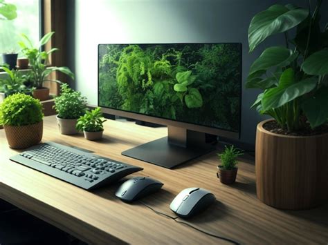 Premium Photo Creative Computer Desk Arrangement Stands On A Wooden