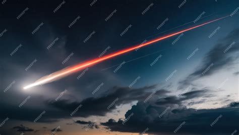 Bright White And Fiery Red Meteor Streaking Across Night Sky With