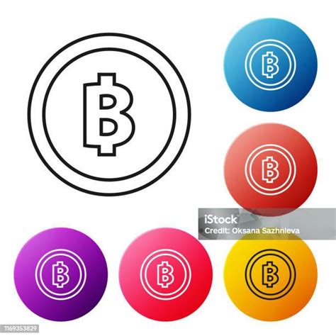 흰색 배경에 검은 선 암호 화폐 동전 비트 코인 아이콘 물리적 비트 코인 블록 체인 기반의 보안 암호 통화 아이콘 다채로운 원 버튼을 설정합니다 벡터 일러스트레이션 개념에