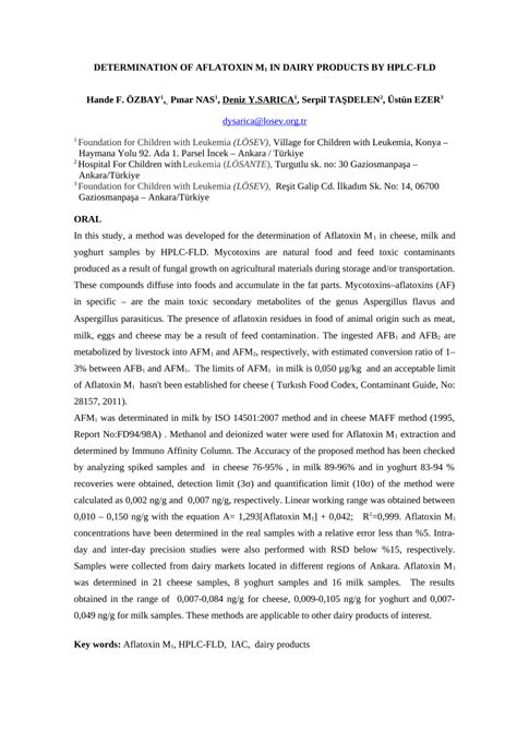 Pdf Determination Of Aflatoxin M1 In Dairy Products By Hplc Fld