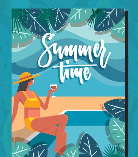 여름 시간 배너 비키니 소녀 잎 바다 스케치 Eps Ai Uidownload