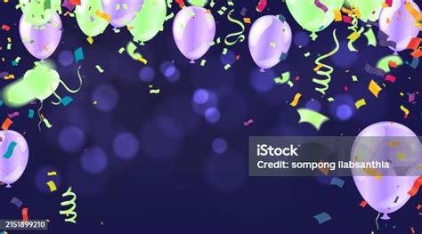 어두운 배경에 풍선과 색종이 조각 벡터 일러스트 레이 션 3차원 형태에 대한 스톡 벡터 아트 및 기타 이미지 3차원 형태 공휴일 금색 Istock