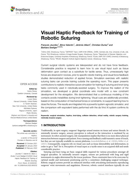 Pdf Visual Haptic Feedback For Training Of Robotic Suturing